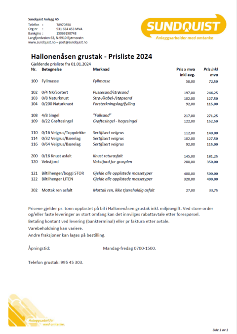 Prisliste Hallonenåsen 2024 | Sundquist Anlegg AS